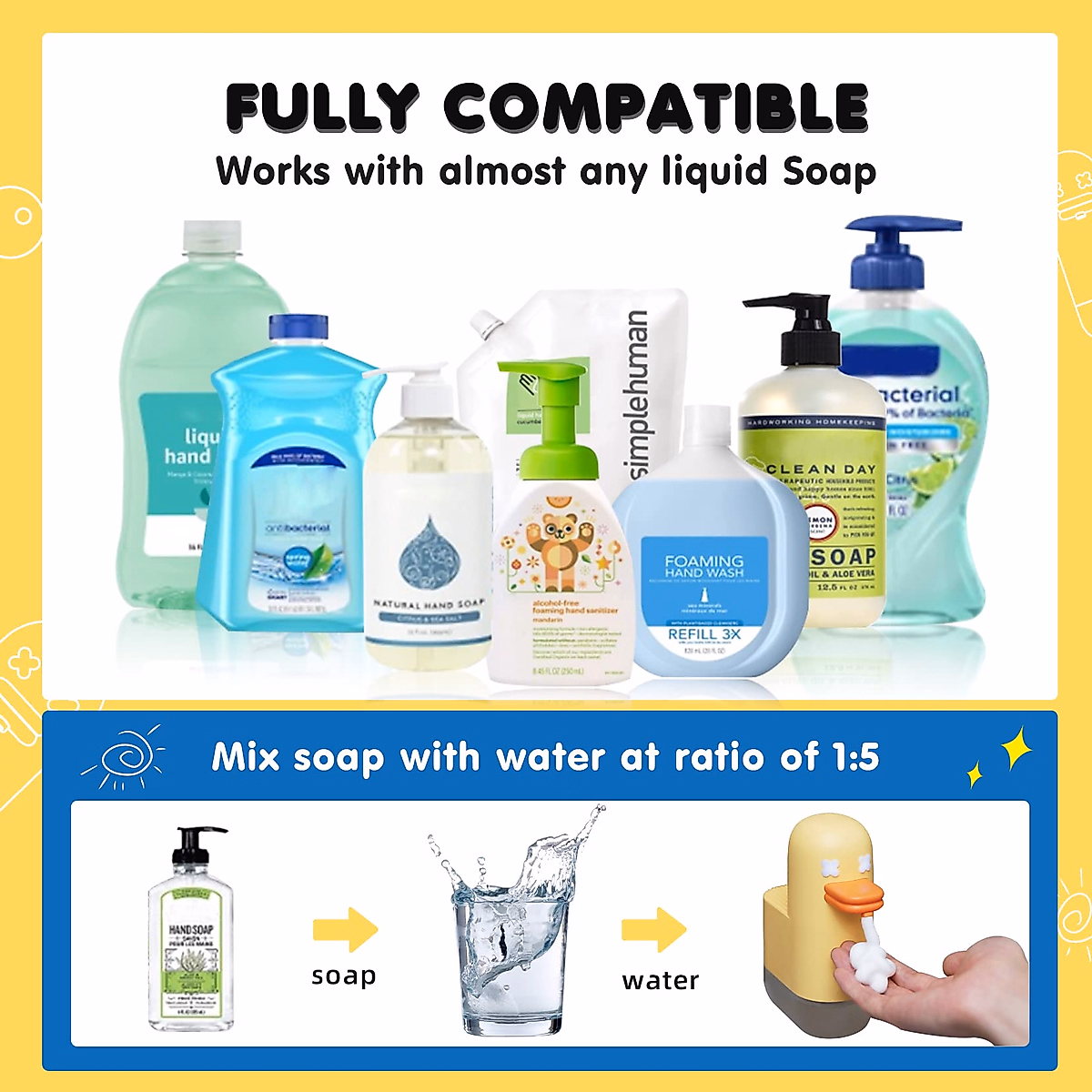 Genialba Automatic Soap Dispenser, 12oz/350ml, Rechargeable, Hand Washing Time Reminder, Cute Duck Foaming Touchless Soap Dispenser, Kids Hand Soap Dispenser for Home, Bathroom, School with USB C