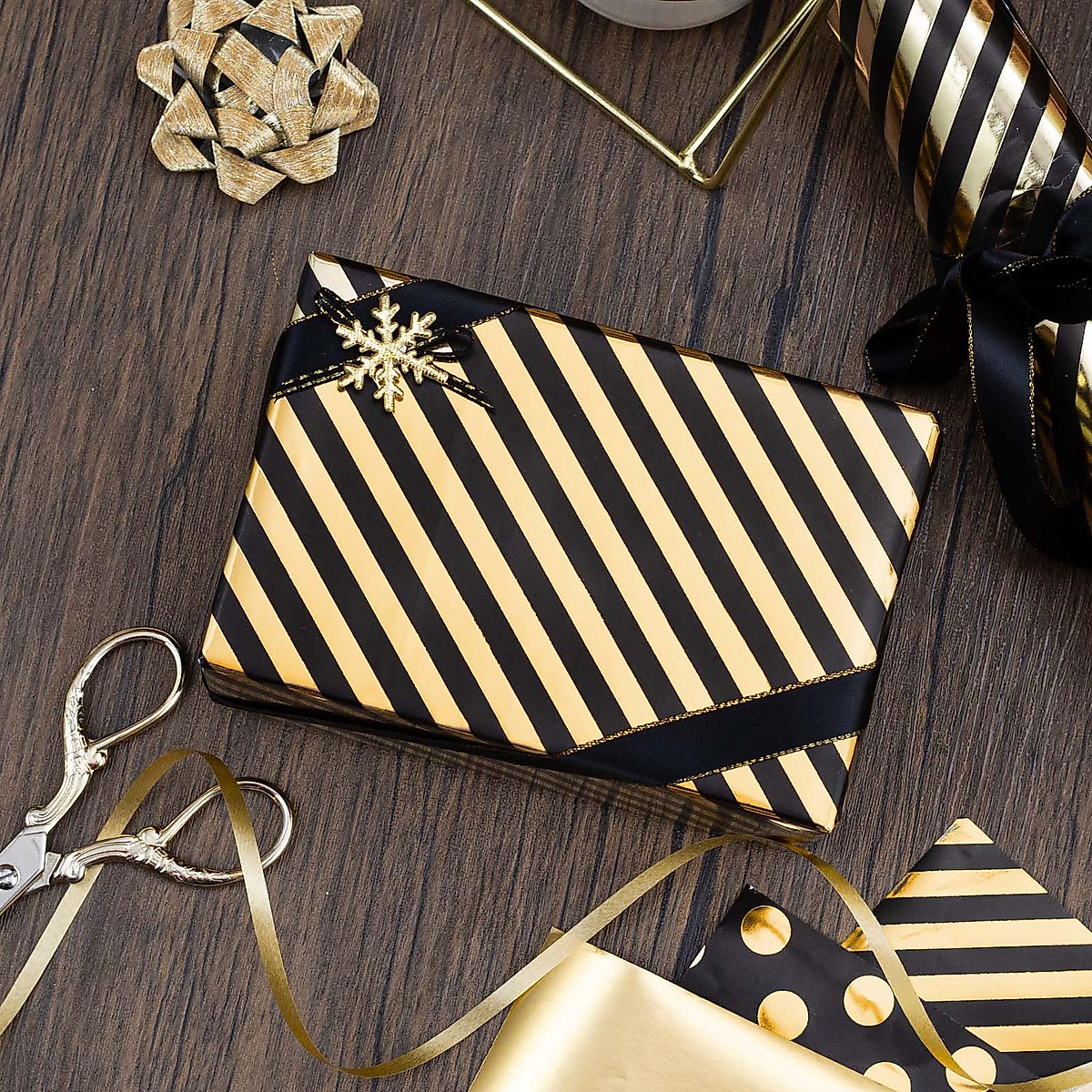 Retrify Wrapping Paper Roll - 3 Mini Rolls Black Gold Foil Polka Dots Stripes Gift Wrap Paper for Birthday, Christmas, Father's Day, All Occasions - 17 Inch x 120 Inch Per Roll