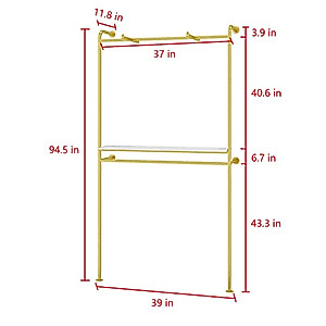 FURVOKIA Creative Wall Mounted 2 Tier Clothes Display Rack,Clothing Retail Store Floor-Standing Garment Rack,Organization Clothing Metal Hanging Rod,Storage Shoes Bags Shelf (39" L, Gold with Wood)