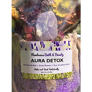 Flambeaux Bath & Beauty | Detoxifying Spiritual Salt Bath | Epsom Salt Detox Bath | Easy Press Lock Seal | Dried Flowers | Raw Amethyst Stone
