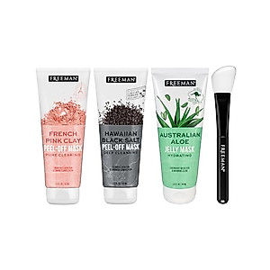 Freeman Exotic Blends Facial Mask 4 Piece Set, Peel-Off & Jelly Masks, Cleansing, Pore-Clearing & Hydrating Facial Masks, For All Skin Types, Includes Silicone Mask Brush, Vegan & Cruelty-Free