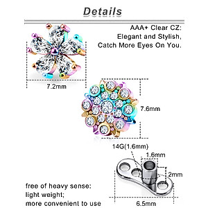 Ocptiy Dermal Piercing Jewelry Top Base Kit 14G G23 Titanium Dermal Anchor Internally Threaded Coloful Rainbow Diamond Dermal Replacement Stud Piercing Ball Jewelry Women Men