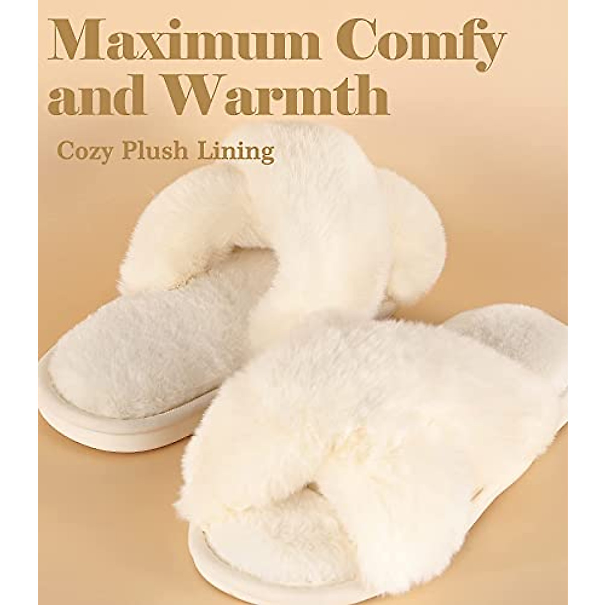 Ankis Women White Fuzzy Fluffy Slippers Soft Cozy Plush Memory Foam Open Toe Slippers for Bedroom, Comfy Cross Band Slippers for Womens House Indoor Size 5 6