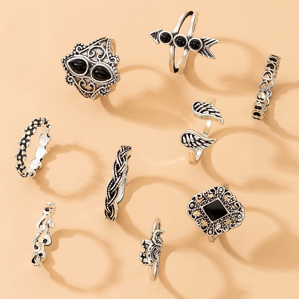 Octwine Dainty Black Knuckle Rings Goth Bohemian Open Rings Set Jewelry Rings Accessory for Women and Girls(9 pcs)