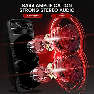 Pyle Portable Bluetooth PA Speaker System - 600W Rechargeable Outdoor Bluetooth Speaker Portable PA System w/ Dual 8” Subwoofer 1” Tweeter, Microphone In, Party Lights, USB, Radio, Remote - PPHP2835B