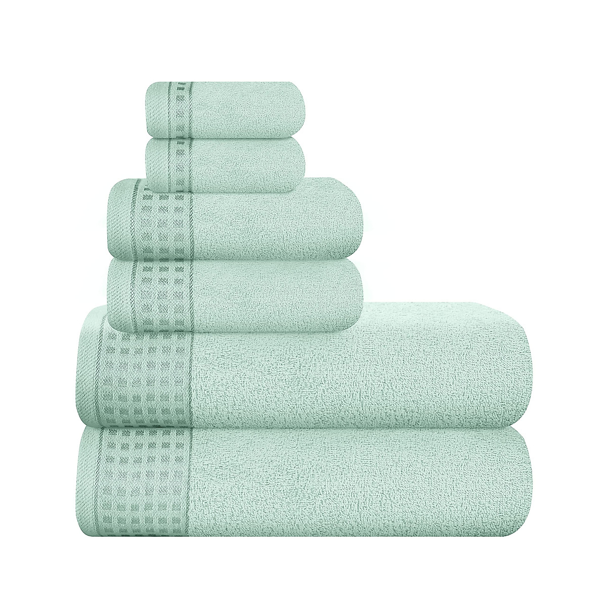 GLAMBURG 100% Cotton Ultra Soft 6 Pack Towel Set, Contains 2 Bath Towels 28x55 Inches, 2 Hand Towels 16x24 Inches & 2 Wash Coths 12x12 Inches, Compact Absorbent Lightweight & Quickdry - Sea Green