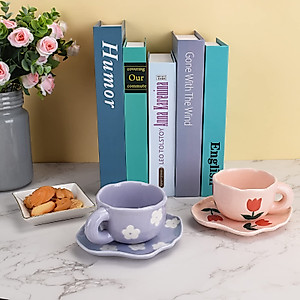 Koythin Ceramic Coffee Mug with Saucer Set, Cute Creative Cup Unique Irregular Saucer Design for Office and Home, 6 oz/180 ml for Latte Tea Milk, Mothers Day Gifts (Purple Flower)