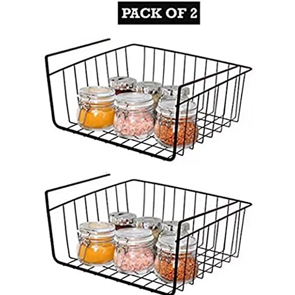 RoomForLife - 2 Pack Under Shelf Organization Baskets - Color Black - Slips on any Shelf/Cabinet - Kitchen Closet Laundry More