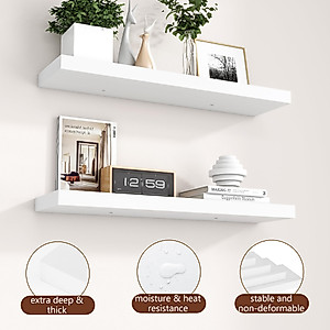 30 Inch Floating Shelves, White Wood Floating Shelves for Wall Set of 2, 30'' Long Wooden Wall Shelves for Living Room Bedroom Bathroom Home Office - White
