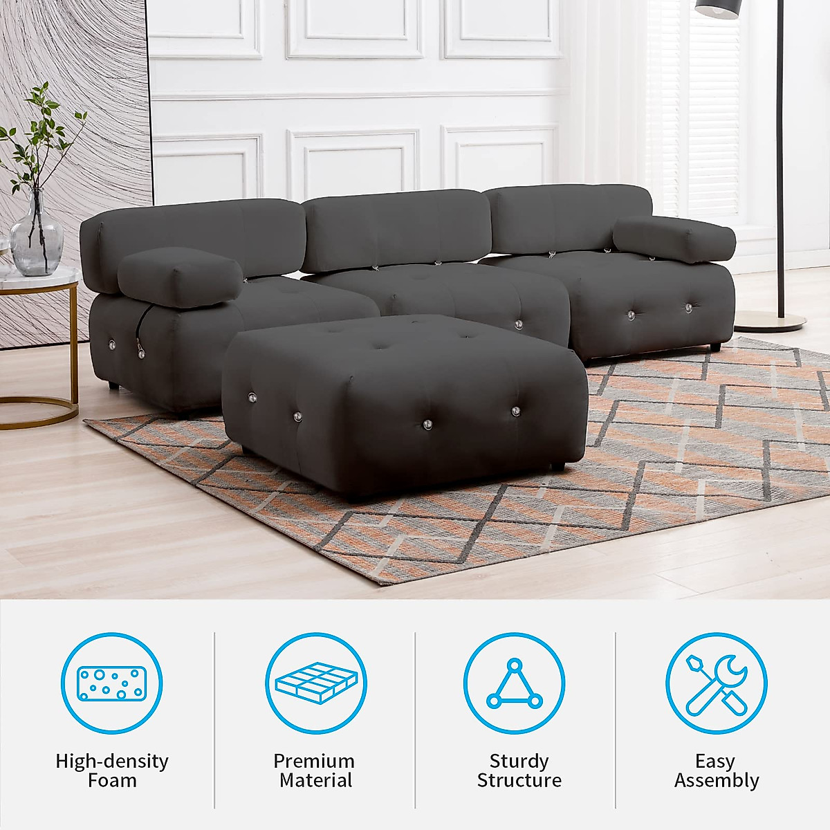 Mjkone Modular Sectional Sofa with Reversible Chaise, Velvet L Shaped Cloud Couch with Reversible Ottoman, 4 Seater Couch Button Tufted Designed, DIY Combination Sofa for Living Room, Dark Grey