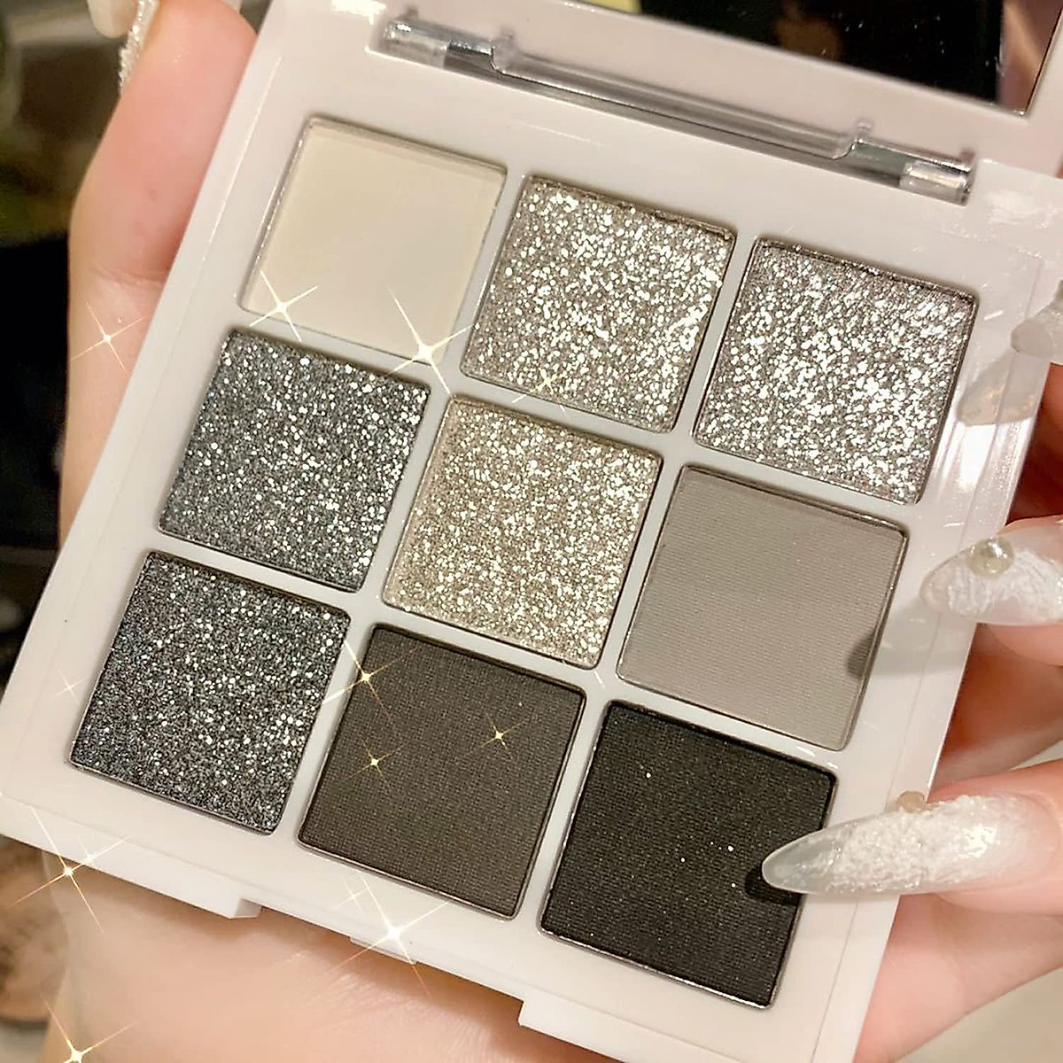 MAEPEOR Black Grey Eyeshadow Palette 9 Colors Cool Toned Matte Glitter Eyeshadow Palette Longlasting Waterproof Smoky Eye Shadow for Girls and Women (Set 1, Black Grey)