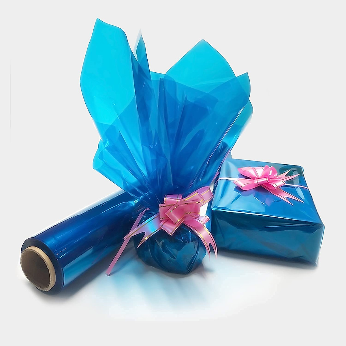 200 ft Blue Cellophane Wrap Roll (16 in x 200 ft x 2.5 Mil)-Colored Cellophane Wrap-Blue Transparent Cellophane for Basket Wrap, Flower, Easter Basket Wrap, Christmas Gift Wrap-Attached with 2 Rolls Ribbon.