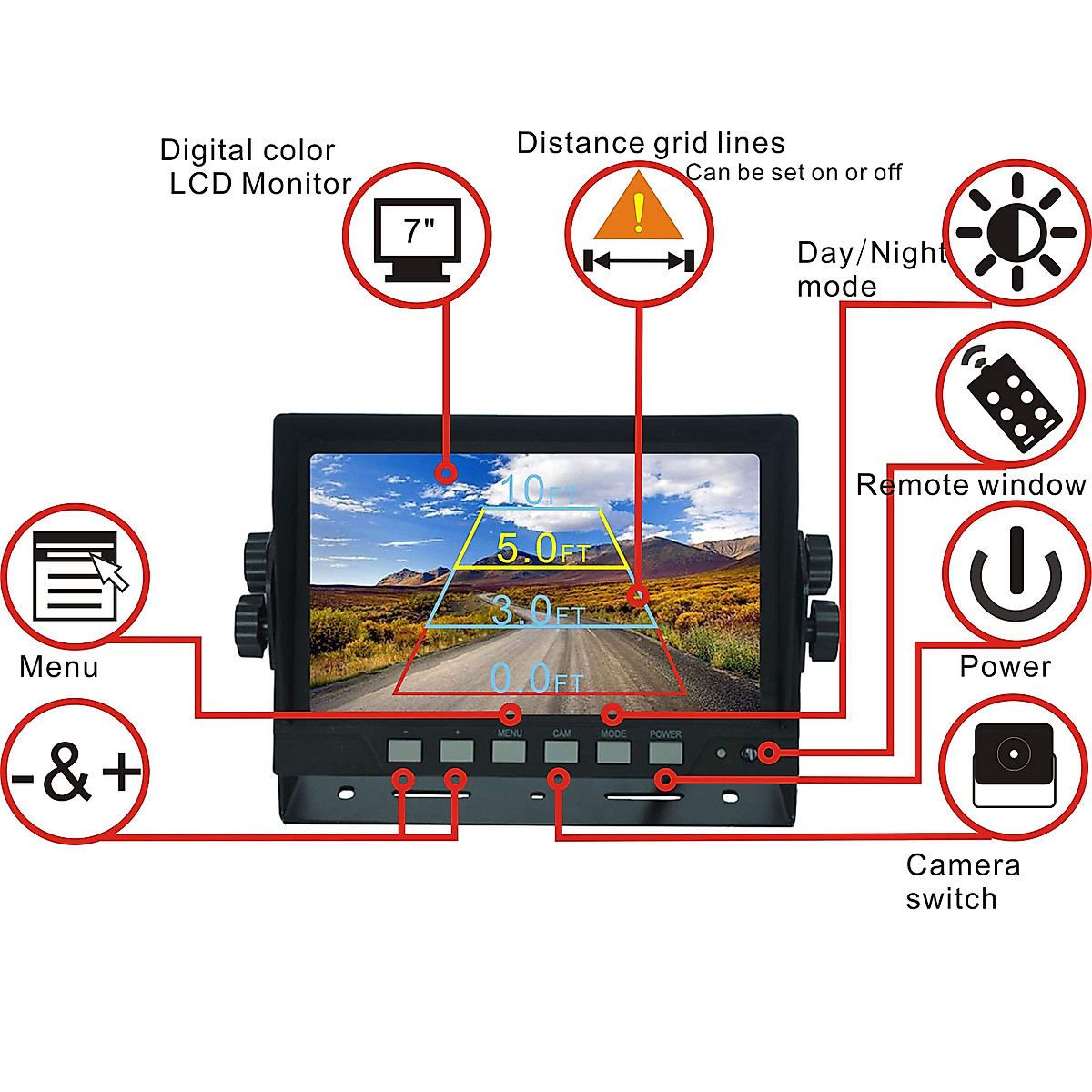 7" 1080P AHD Wired Reverse Rear View Backup Camera System,Guide line,IP69K No water leakage Camera, Night Vision, Vibration-proof 10G for Tractor/Truck/Excavator/Caravan/Skid Steer/Heavy Equipment