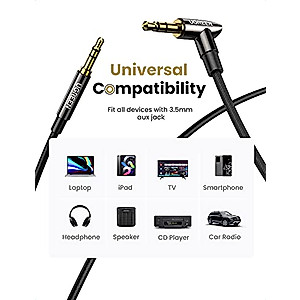 UGREEN 3.5mm Audio Cable Hi-Fi Sound Stereo Nylon Braided Male to Male Aux Cord 90 Degree Aux Cable Gold Plated Compatible with iPod iPad Tablets Headphone Speakers Home Car Stereos, 3FT