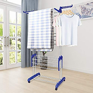 innotic Clothes Drying Rack, Stainless Steel Oversized 4-Tier Collapsible Rolling Drying Rack Clothing Folding Laundry Drying Rack Stand Indoor/Outdoor with Side Wings and Casters Gray Blue