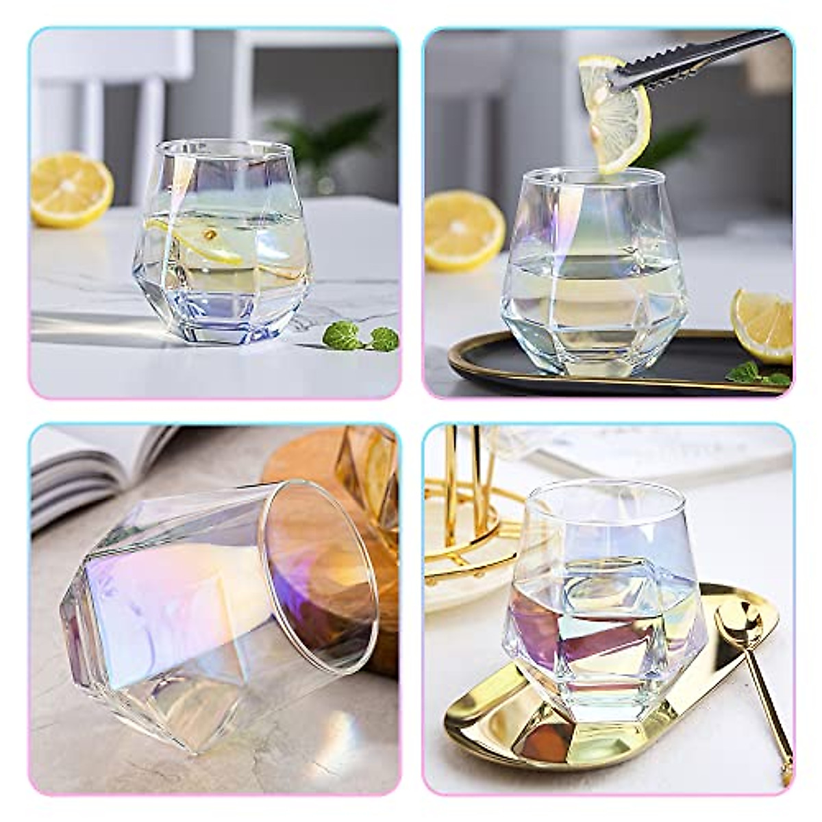 Vanleonet Colored Diamond Stemless Wine Glasses Set,Modern Rainbow Wine Glass, Iridescent Wine Glass Gifts for Women,Men, Old Fashioned Rainbow Glass for Party