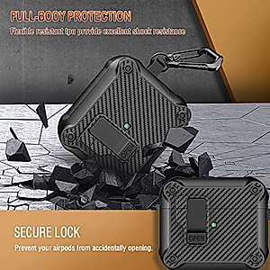 R-fun Airpods 3rd Generation Case with Automatic Secure Lock Clip, Armor Protective Hard TPU Case Cover for Apple Airpods 3 2021 Charging Case with Carbon Fiber Keychain-Black