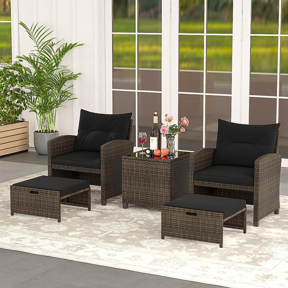 ORALNER 5 Pieces Patio Furniture Set with Ottoman, Wicker Conversation Set w/Cushions, Glass Coffee Table, Outdoor Rattan Lounger Chairs Bistro Set for Porch Balcony Garden Deck Poolside (Black)
