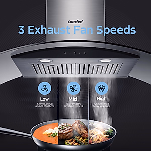 COMFEE' Curved Glass Range Hood 36 Inch 450 CFM 3 Speed Gesture Sensing &Touch Control Panel Stainless Steel Kitchen Ductless/Ducted Convertible with Baffle Filters and 2 LED Lights (CVG36W9AST)