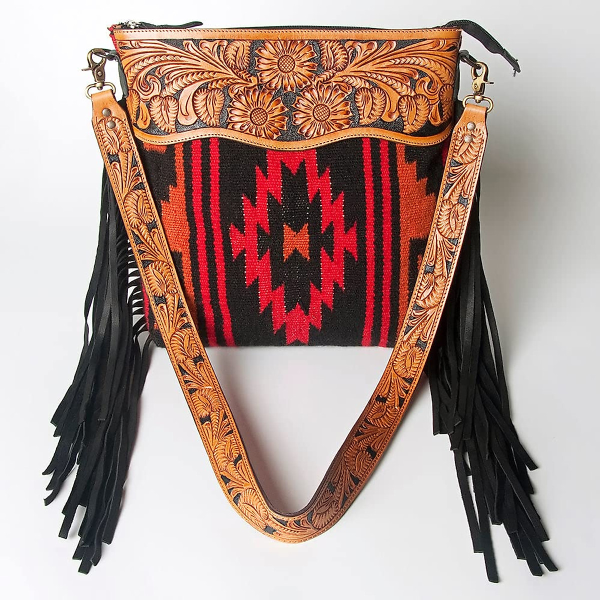 American Darling Large Leather Fringe Crossbody Bag Vintage Quilted Saddle Blanket Western Handbags Cowhide Handmade Shoulder Handbag Hand-Carved Strap ADBGZ555