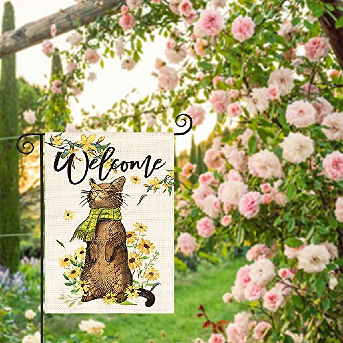 AVOIN colorlife Spring Summer Flower Cat Garden Flag 12x18 Inch Double Sided Outside, Yellow Daisy Sunflower Welcome Yard Outdoor Flag