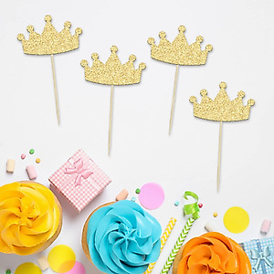 24Pcs Crown Cupcake Toppers Glitter Queen Crown Cupcake Picks for Queen Princess Theme Baby Shower Girls Wedding Birthday Party Cake Decorations Supplies Gold