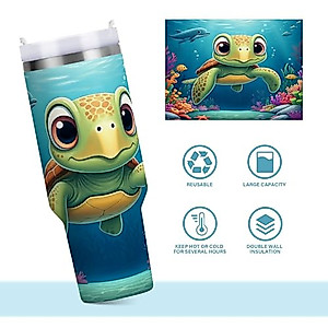 Maunzc 30 oz Tumbler with Handle and Straw, Insulated Stainless Steel Travel Mug with Lid for Coffee, Iced Tea, Water, Gift for Men Women (Cartoon Swimming Turtle)