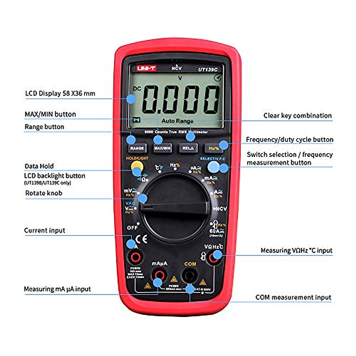 UNI-T UT139C Digital Multimeter Auto Range True RMS Meter Handheld Tester 6000 Count Voltmeter Temperature Test