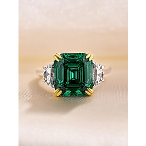 Effinny 4.5ct Women's Two-Tone Emerald Engagement Ring,Asscher Cut Green Paraiba Tourmaline Three Stone Promise Ring in 925 Sterling Silver(Size:8)