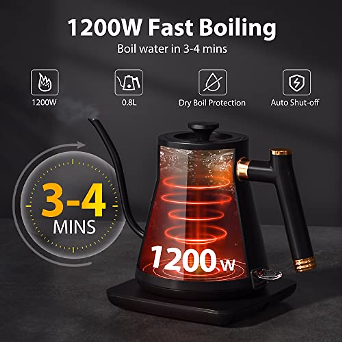 Aromaster Electric Gooseneck Kettle,Pour Over Coffee & Tea Kettle,Hot Water Kettle,1200 Watt Quick Heating 0.8L Kettle with Thermometer,100% Stainless Steel,Black