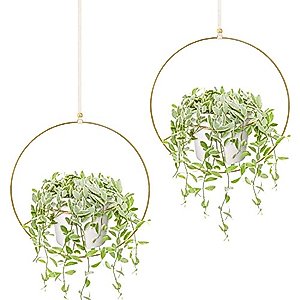 Mkono Boho Hanging Planter, Set of 2 Round Metal Plant Hanger with Plastic Plant Pot, Modern Wall and Ceiling Planter Mid Century Flower Pot Holder, Fits 6 Inch Planter (Pots Included), Gold