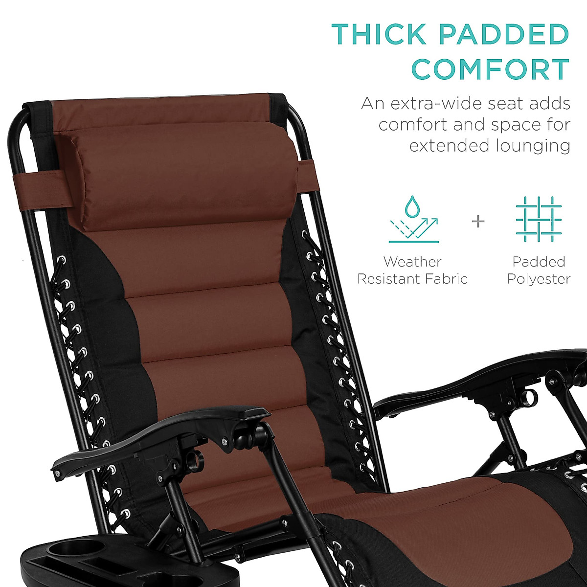 Best Choice Products Oversized Padded Zero Gravity Chair, Folding Outdoor Patio Recliner, XL Anti Gravity Lounger for Backyard w/Headrest, Cup Holder, Side Tray, Polyester Mesh - Black/Brown