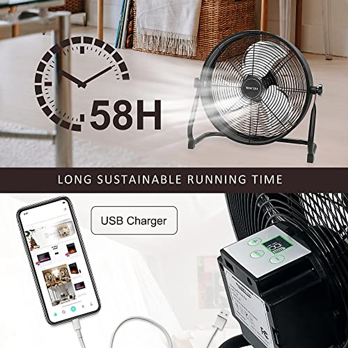 MOCIFI 12 Inch High Velocity Rechargeable Floor Fan with Metal Blade 12-Speed Portable Powered Operated Fan for Home, Travel, Commercial, Residential, Outdoor Indoor Use, Black