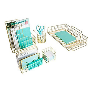 Blu Monaco Office Supplies Gold Desk Accessories for Women - 5 Piece Wire Gold Desk Organizer Set - Letter Sorter, Paper Tray, Pen Cup, Magazine File - Stationery Décor