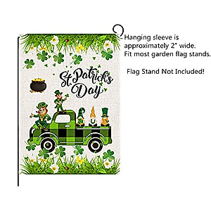 St Patrick's Day Garden Flags, 12.5 x 18 Inch Gnomes Green Buffalo Plaid Truck Garden Flag Vertical Double Sized Spring Holiday Burlap Flag for House Yard Outdoor Decor