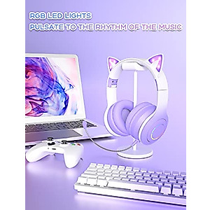 VuyKoo Bluetooth Headphones with Microphone/RGB LED Light Up, Cat Ear Wireless Headphones, Stereo Gaming Headset for Cellphone/PC/Laptop/Tablet/TV Kids Girls & Boys Teens/Birthday Gift (Purple)