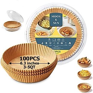MOON&SUN Air Fryer Disposable Paper Liner | Air Fryer Paper Liners for 3-5QT Air Fryer | Nonstick Parchment Paper Liners | Oil-Proof Water Proof Paper Liners for Cooking, Baking Food (6.3 In, 100-PCS)