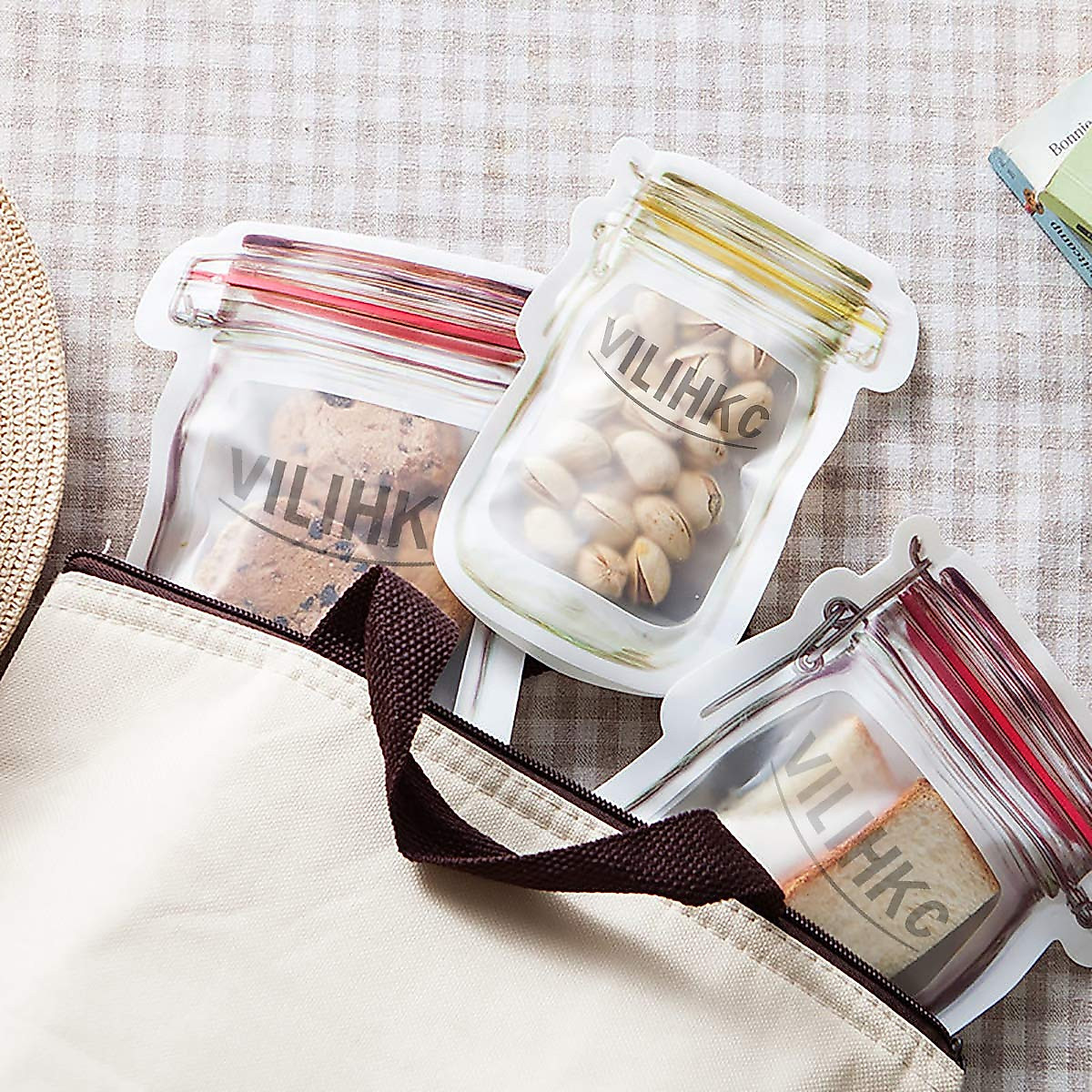 Vilihkc Reusable Storage Bags Mason bottle shape- 10 Pack Airtight Freezer Bags BPA FREE Lunch Bag for Food Travel Storage Home Organization