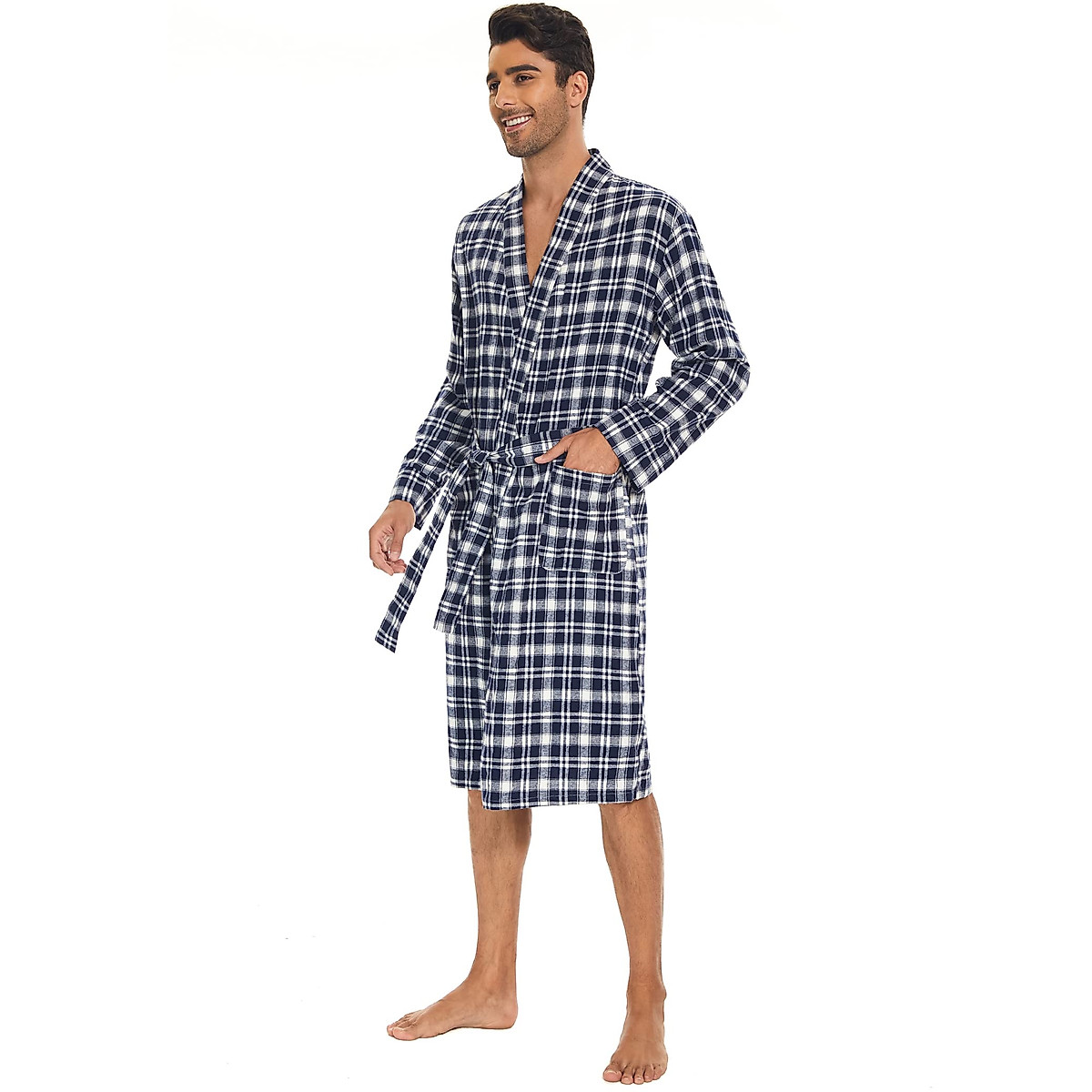 Zerbala Men's Flannel Robe Knee Length Plaid Bathrobe M Navy