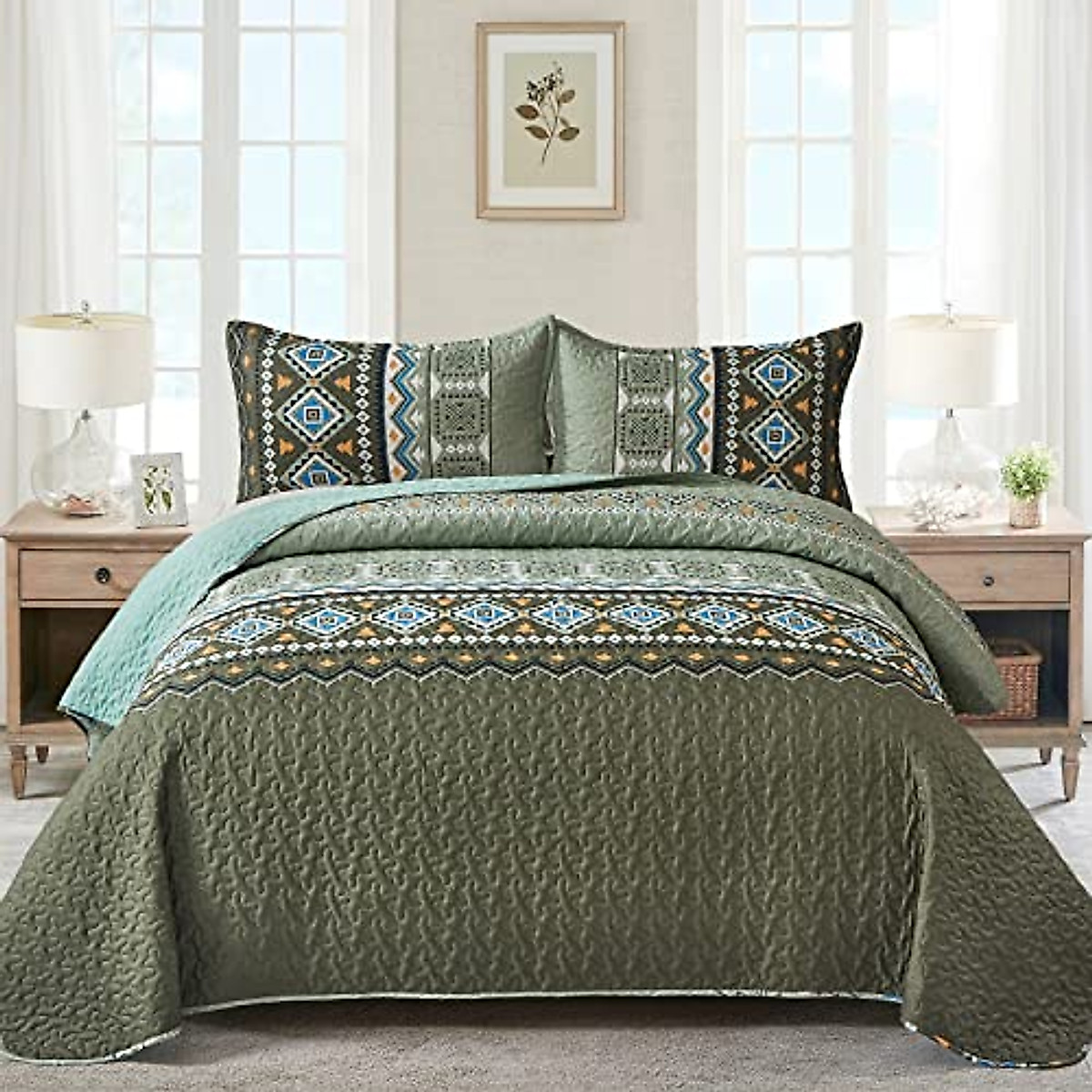 Boho Quilt Set King,3 Piece Olive Green Bedspread Coverlet Set with Geometry Printed for All Season, Lightweight Oversized Bohemian Bedding Set 104"×90"