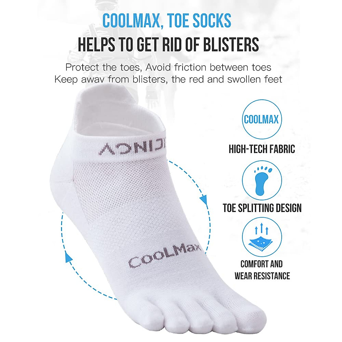 OrrinSports 3 Pairs Men Womens Toe Socks Lightweight Breathable-Value Athletic Finger Socks for Running Walking Travel Outdoor Sports Ankle Socks White - (Size Large)