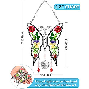 KY&BOSAM Butterfly Suncatcher Mother`s Day Gift I Love You Mom Stained Glass Suncatchers Hanging Ornament for Window Wind Chime Gifts for Mother`s Day Valentine`s Birthday Christmas Dream Catchers
