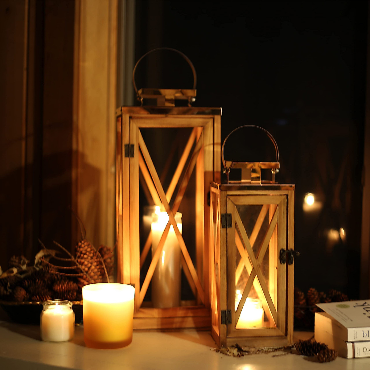 XRKITE Wooden Candle Lantern Decorative Set of 2, Patio Decor with Stainless Top and Glass Inserts, Hurricane Lantern Holder Decor for Indoor Outdoor, Home, Garden, Wedding (Small-Large Set)