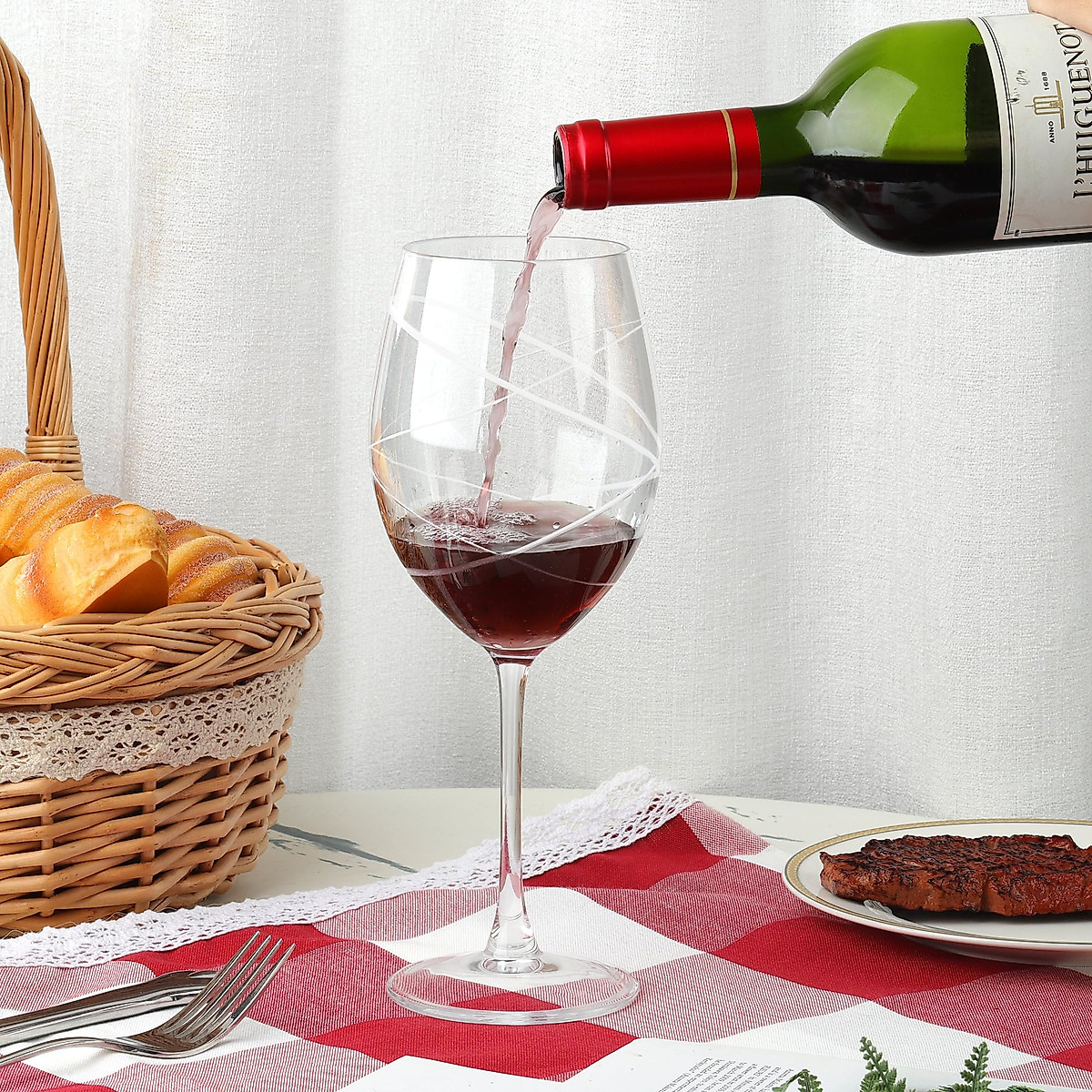 Joeyan Hand Blown Etched Red and White Wine Glasses,Stemmed Glasses with Stripes and Dots Pattern,Clear Carved Long Stem Glassware Set for Wine Tasting Birthday Anniversary Wedding,19 oz,Set of 4