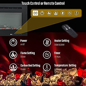 Masarflame 42 Inch Electric Fireplace, Recessed and Wall Mount Fireplace Heater, Quiet & Linear Fireplace Insert with 13×13 Adjustable Flame Color, Thermostat & Timer, Remote & Touch Screen