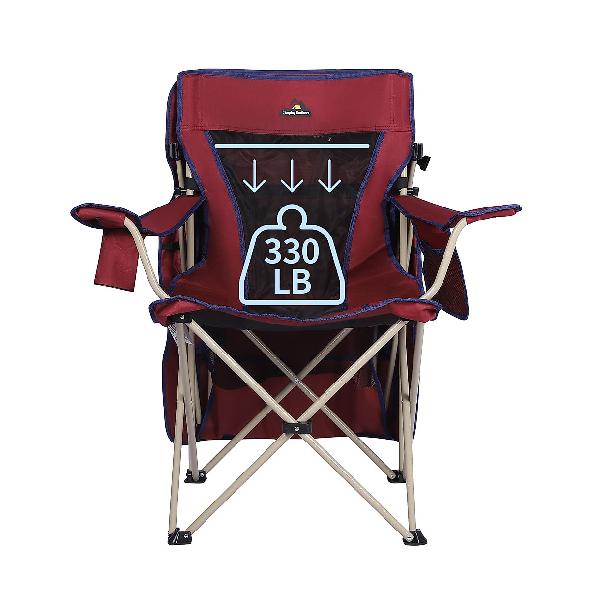 Camping Brothers Camping Chair with Shade Canopy - Outdoor Folding Patio Chair - Includes Retractable Sun Shade, Cup Holder, Side Pockets (Maroon)