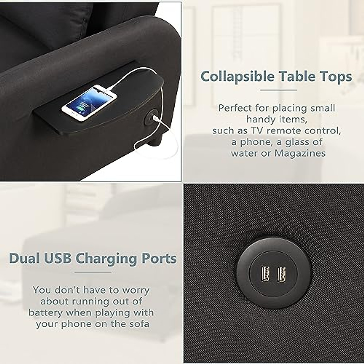 3-in-1 Pull Out Sleeper Couch Bed Adjustable Backrest Single Recliner for Lounge, and USB Charge for nap line Fabric for Lounge, Reading, Sleeping, Black