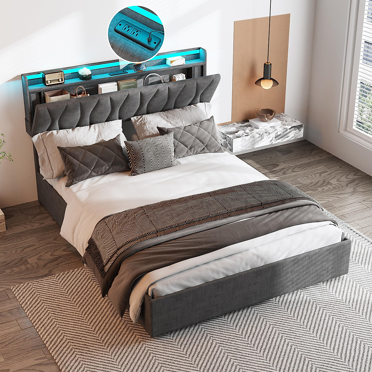 Queen Size Lift Up Storage Bed Frame, Height Adjustable Storage Headboard with Charging Station, LED Lights Upholstered Platform Bed, Wooden Slat Support, No Box Spring Needed, Noise-Free, Dark Grey