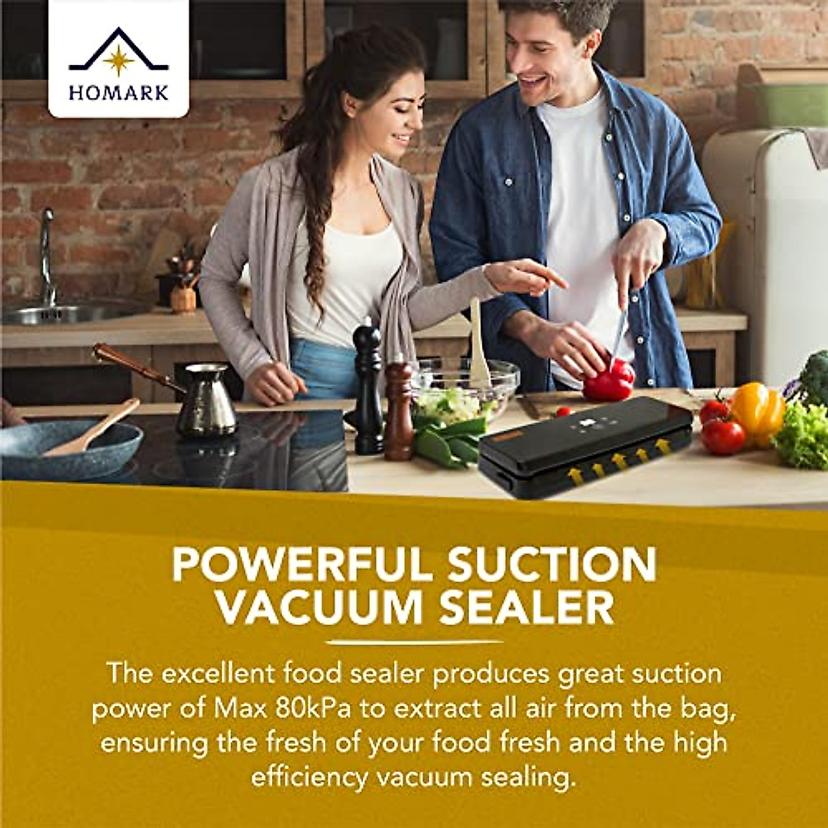 HOMARK Vacuum Sealer Machine, Digital Display Smart Function Household 80 kPa Food Saver Vacuum Sealer with Tempered Glass Surface, Dry Moist Mode, Includes 10 Vacuum Bags 6”x10’, 3 Food Modes,2 Pump Speed, Lab Tested