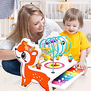 NUKied 4-in-1 Kids Baby Activity Cube Toys, Wooden Activity Center with Abacus Bead Maze Xylophone Clock Kids Toys, Developmental Educational Learning Toys for for 1 2 3 Years Old Girls Boys